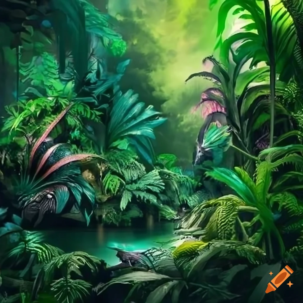 Lush fantasy jungle teeming with exotic creatures and vibrant foliage on Craiyon