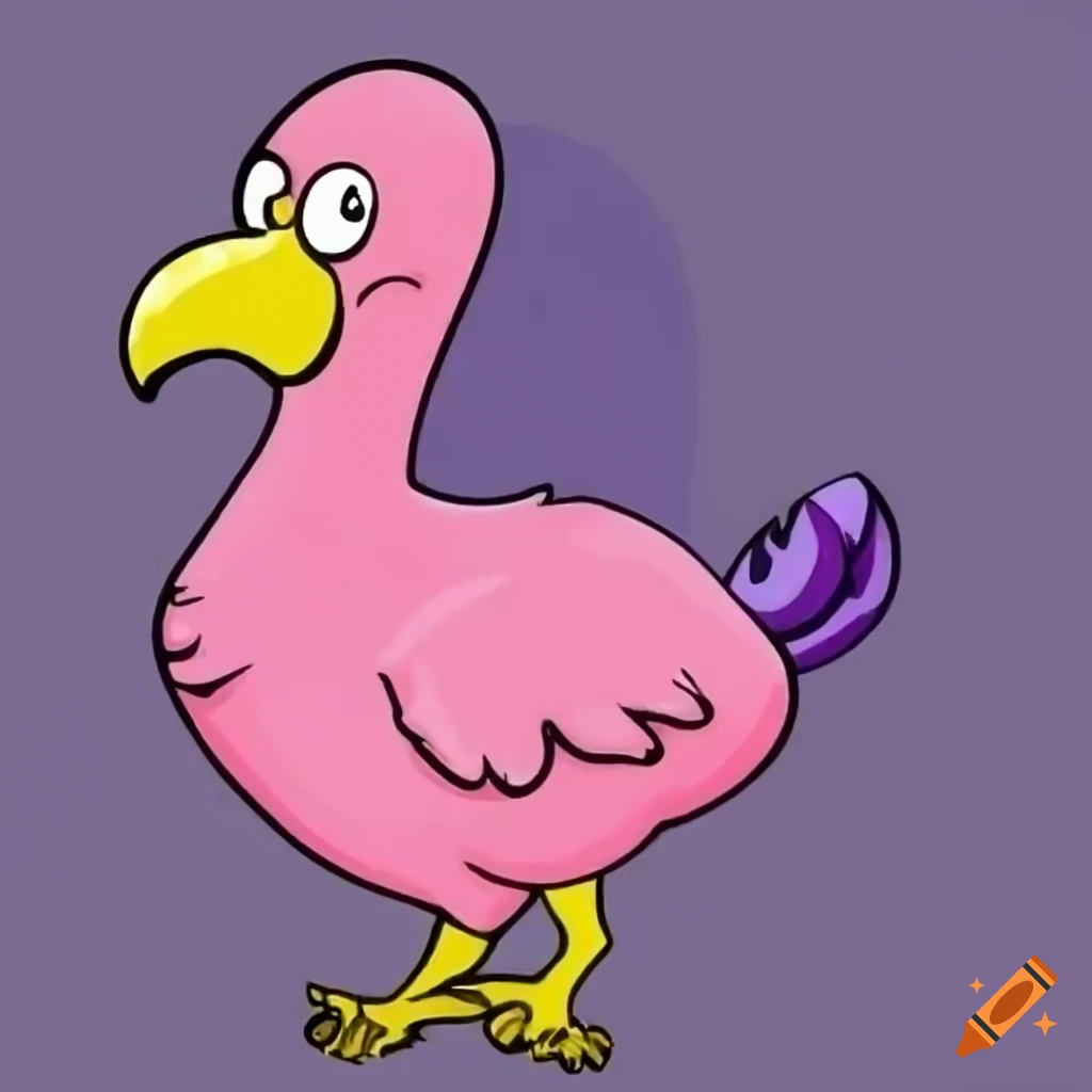 Big pink dodo with a long neck and bulgy black eyes and yellow beak ...