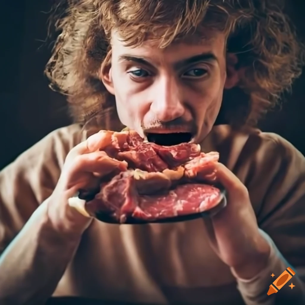 Man at table eating meat