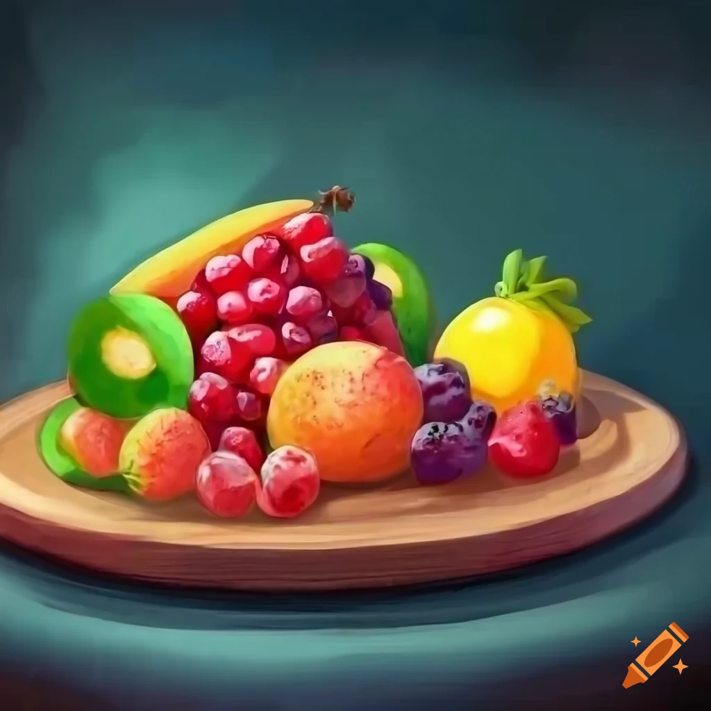 Side view of vibrant mixed fresh fruit on a big wooden platter on Craiyon