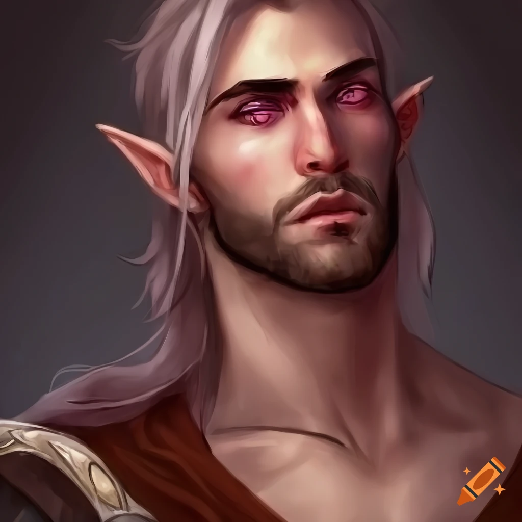 Fantasy character, big pecs, male, half elf, handsome, pink eyes, tall ...