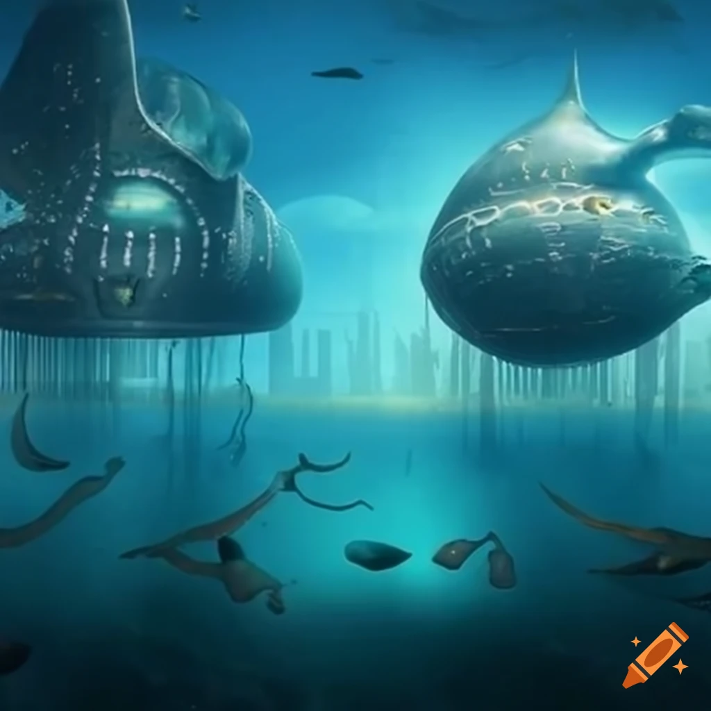 A futuristic underwater city with unique sea creatures