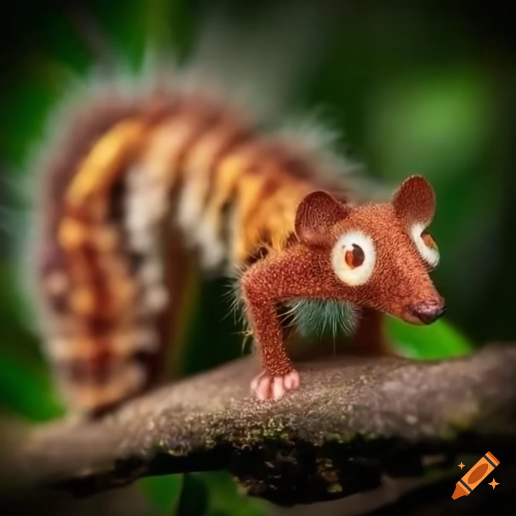 A whimsical hybrid rainforest creature inspired by both mice and hairy caterpillar, in full body ...