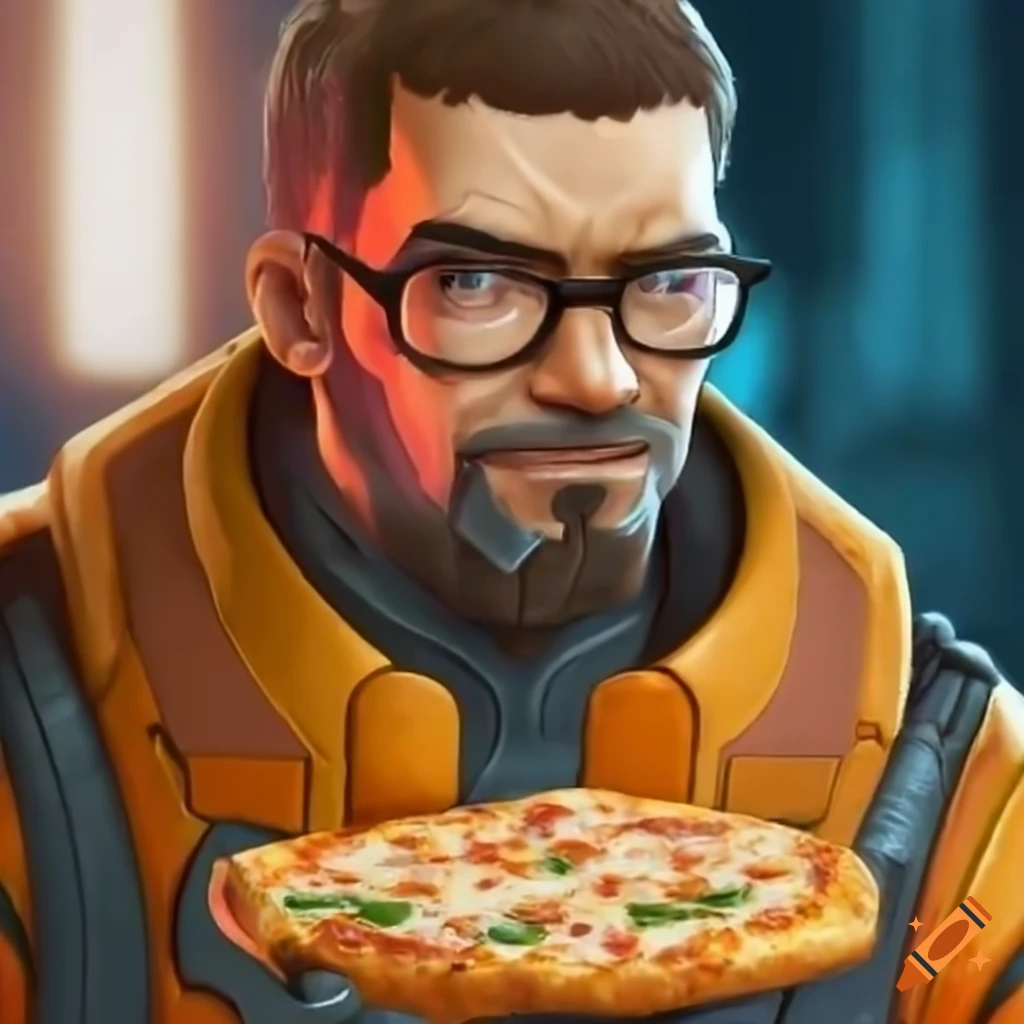 Gordon freeman holding a pizza with a smile on Craiyon