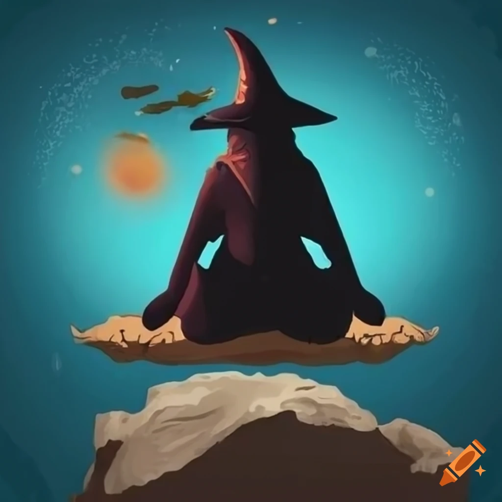 A cat wizard floating while meditating on a cliff overlooking a landscape