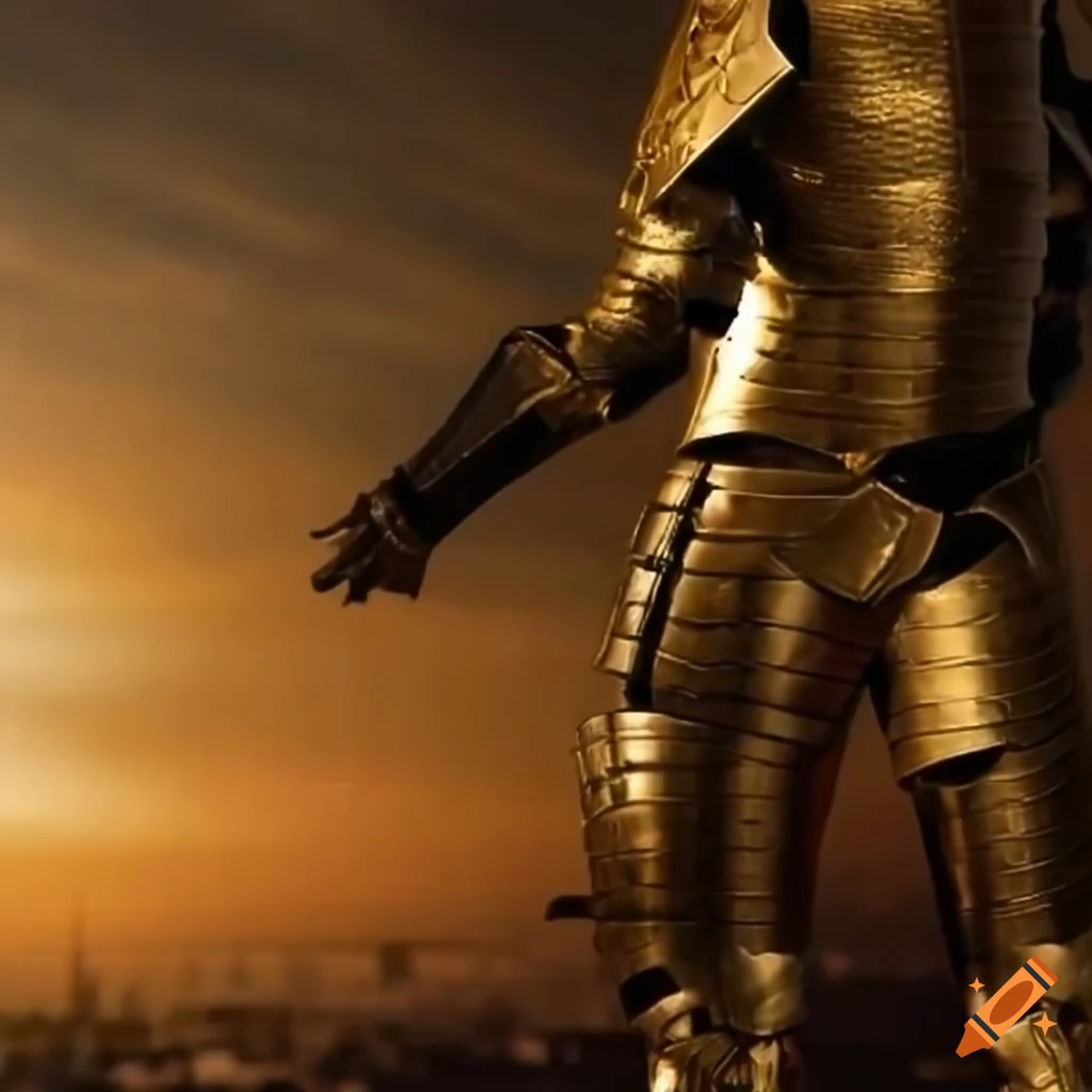 Hero soaring above a cityscape wearing a gleaming golden armor on Craiyon