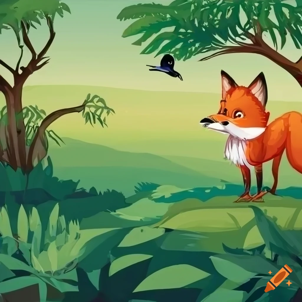 Illustration of fox and crow in a jungle