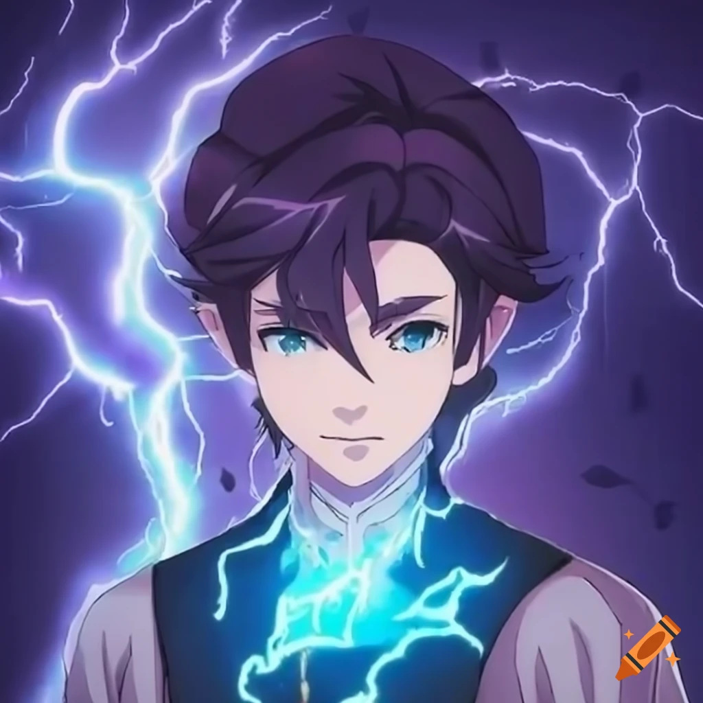 A young male anime wizard conjuring a powerful lightning bolt on Craiyon