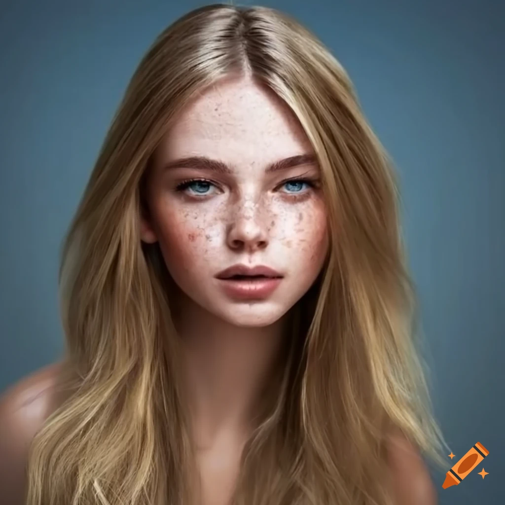 Beautiful young woman shoulder-length blonde hair very light freckles on Craiyon