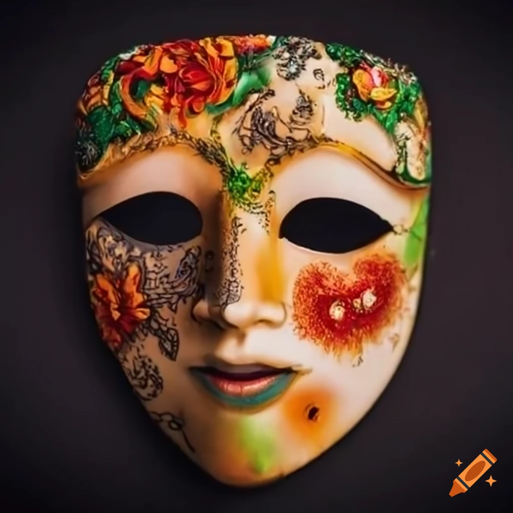A theatrical mask that smiles, beautiful flowers are painted everywhere ...