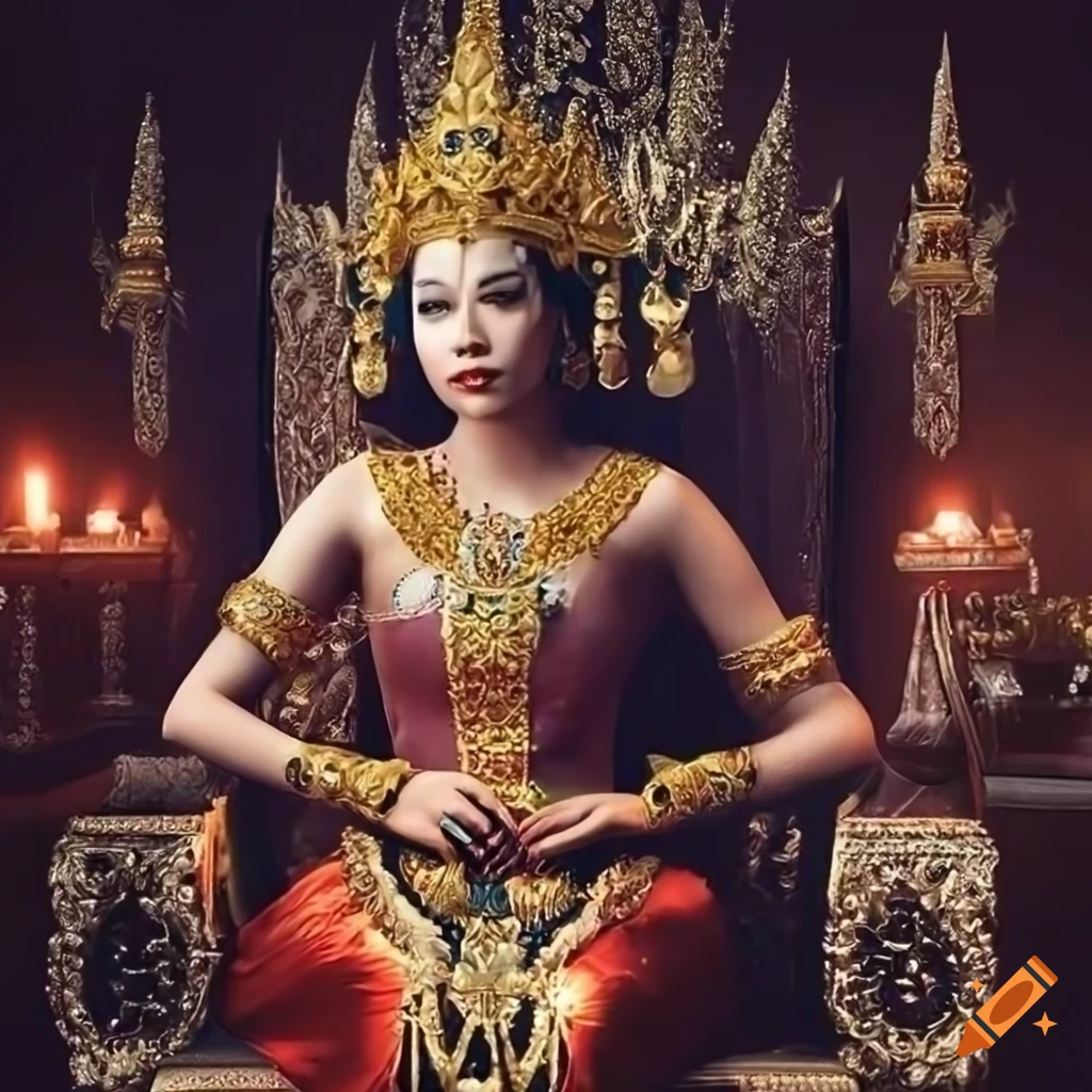 Detailed and realistic queen from south east Asia seated on a throne ...