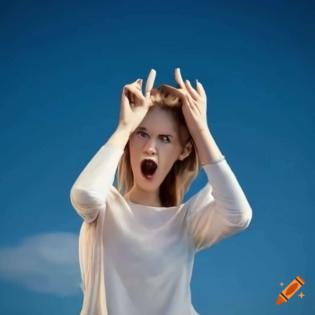 Woman open mouth, holding her ears, rocket launch into the sky ...