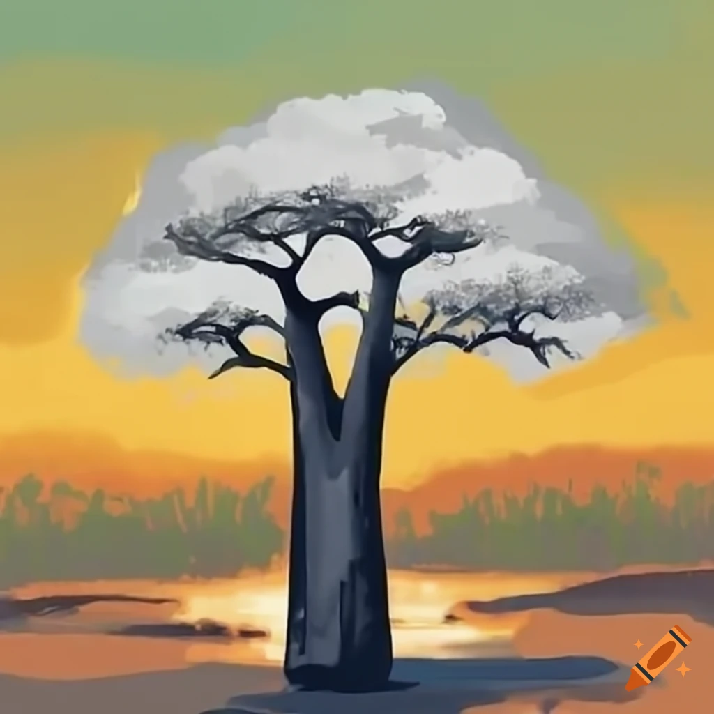 Two black child playing on a field , four baobab trees while learning ...