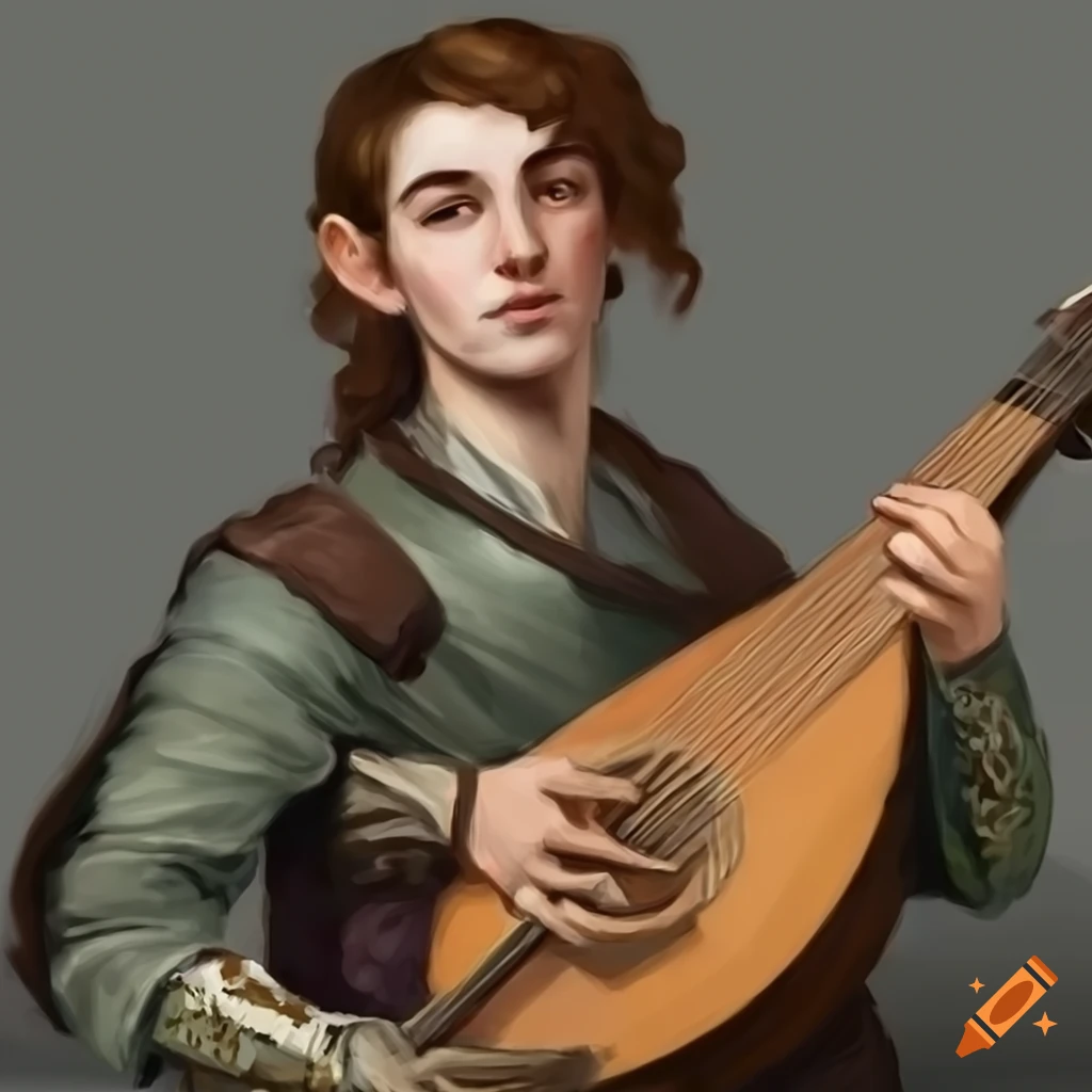 Male halfling bard with a mischievously smile and a lute