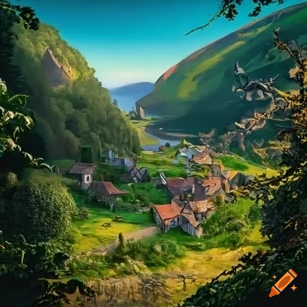 A vale surrounded by mountains with streams going thru, an anceint ...