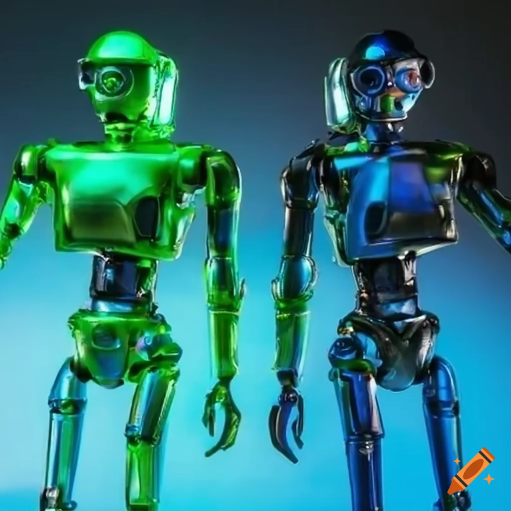 Two futuristic robots with green and blue metallic bodies