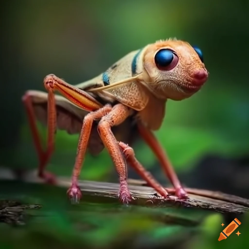 A whimsical hybrid forest creature inspired by both mice and grasshoppers, in full body view on ...