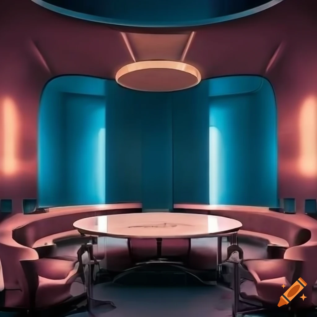 A futuristic conference room with an art deco design on Craiyon