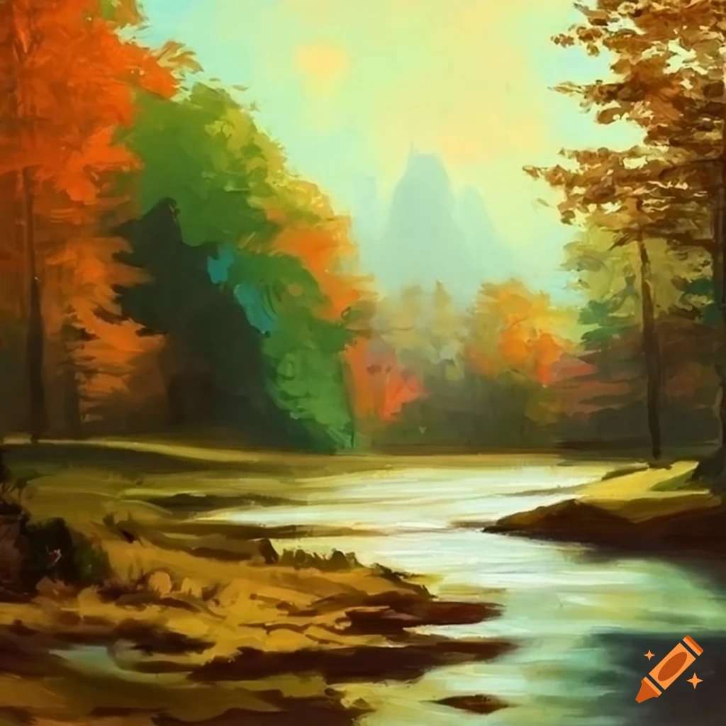 Painting of a river in the middle of a forest during an afternoon