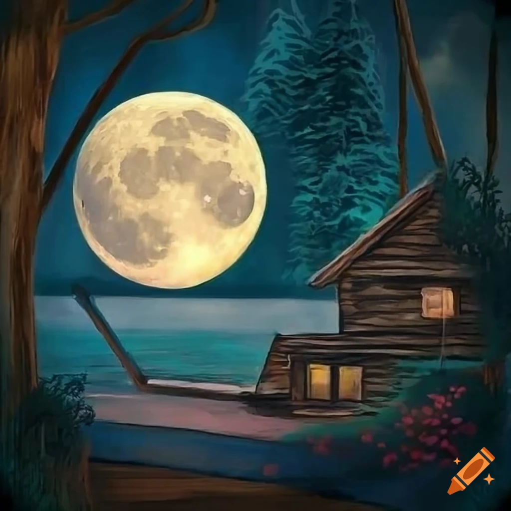 Full moon over cabin deep in the woods with a lantern hanging on the ...