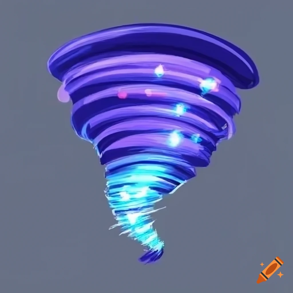A big tornado of blue lights on a white background in a cartoon rendering