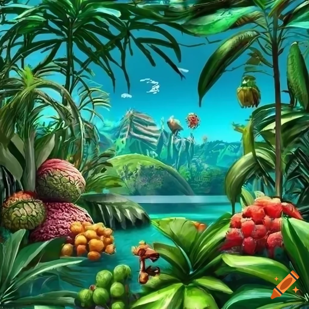 A breathtakingly gorgeous scene of a lush tropical alien jungle with ...