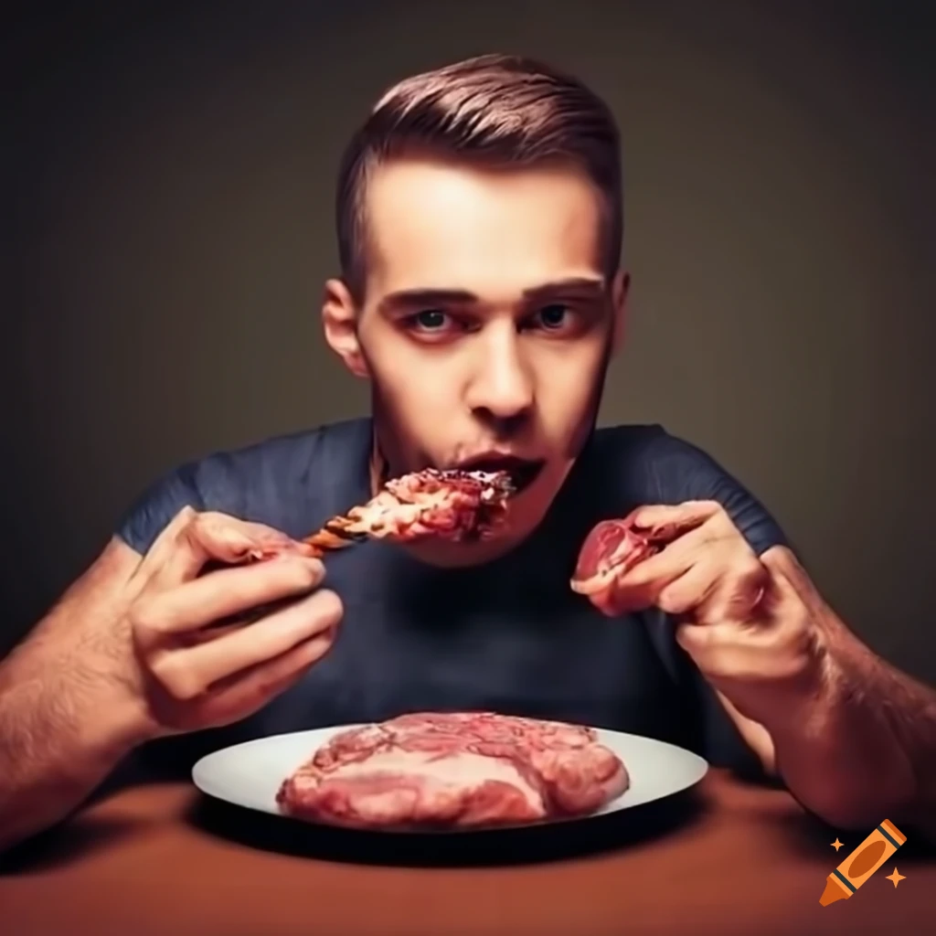 Handsome man at table eating meat on Craiyon
