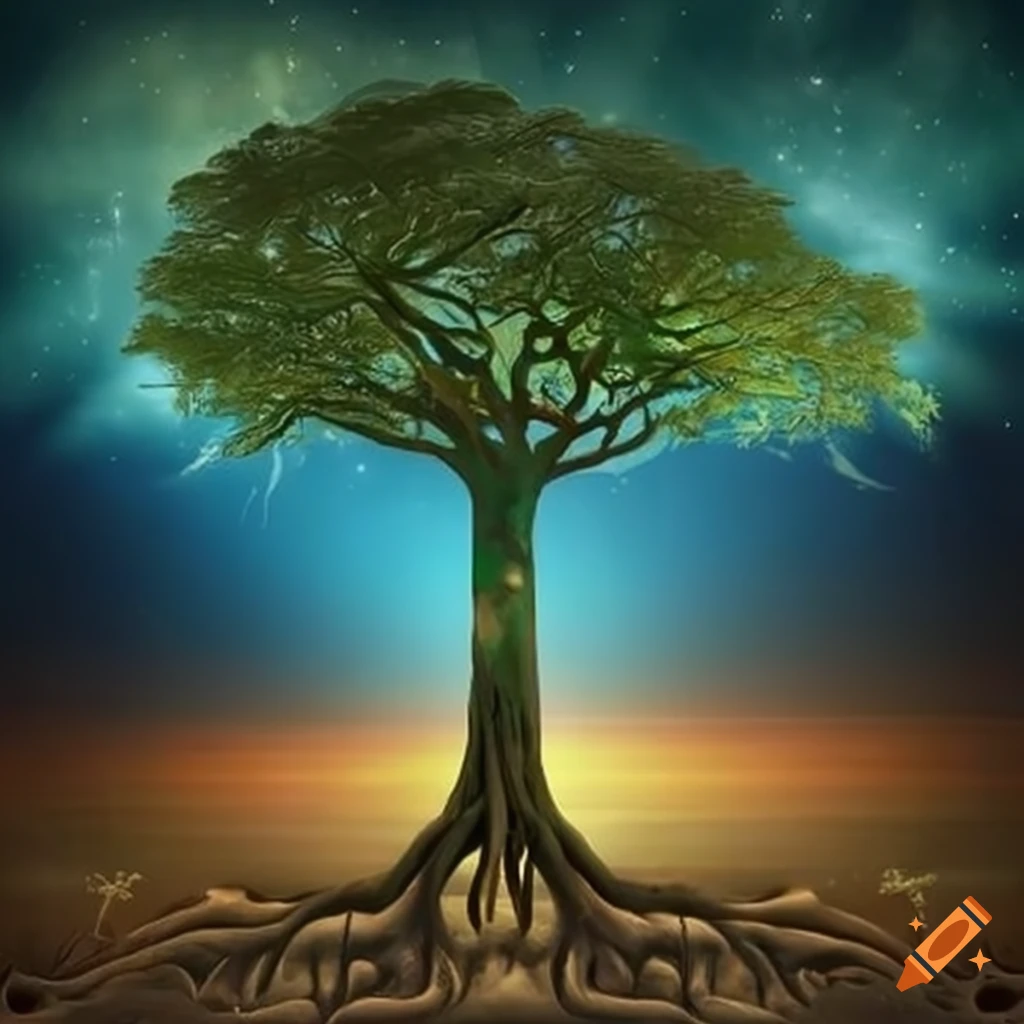 Tree with roots merge earth and heaven on Craiyon