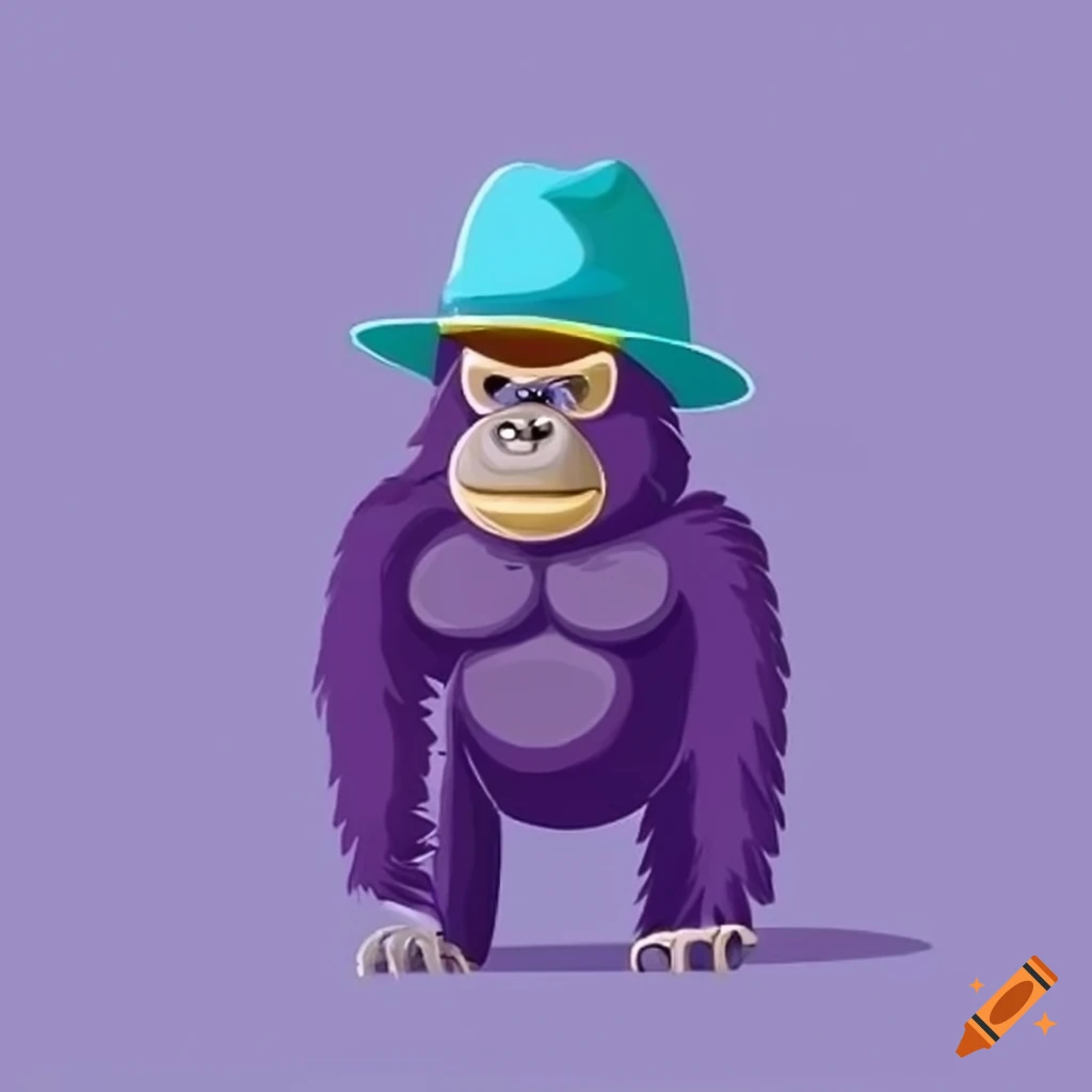 Purple cartoon gorilla with no legs and blue sun hat on Craiyon