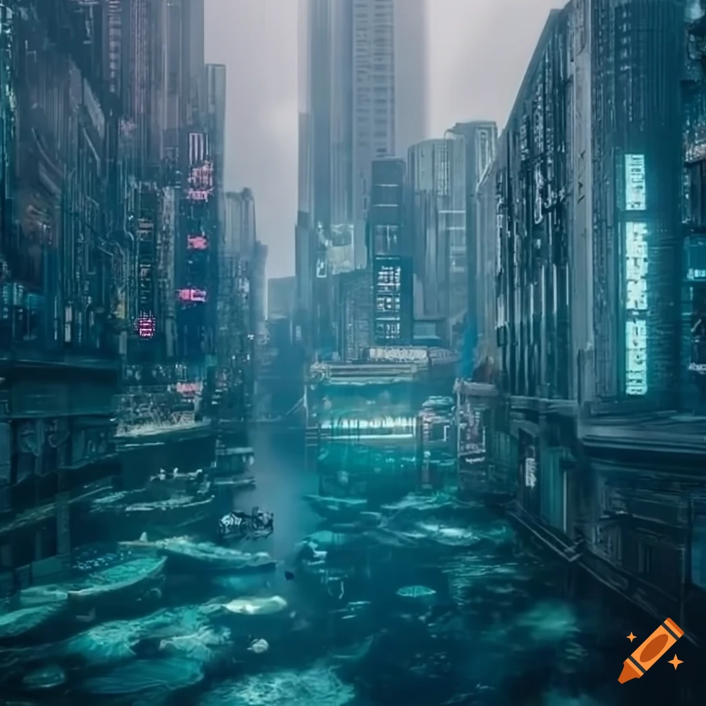 Cyberpunk city underwater on Craiyon
