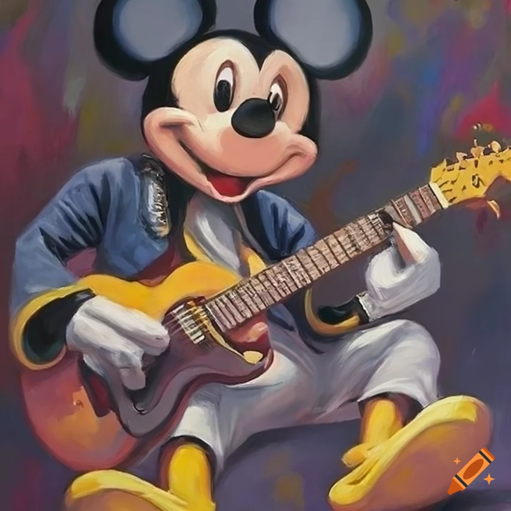 An oil painting of john mayer playing guitar in the mickey mouse band ...