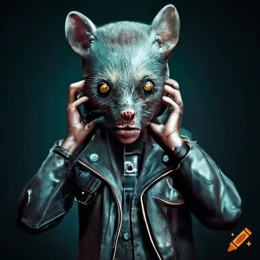 A mischievous rat biker in a cool leather jacket on a custom motorcycle ...