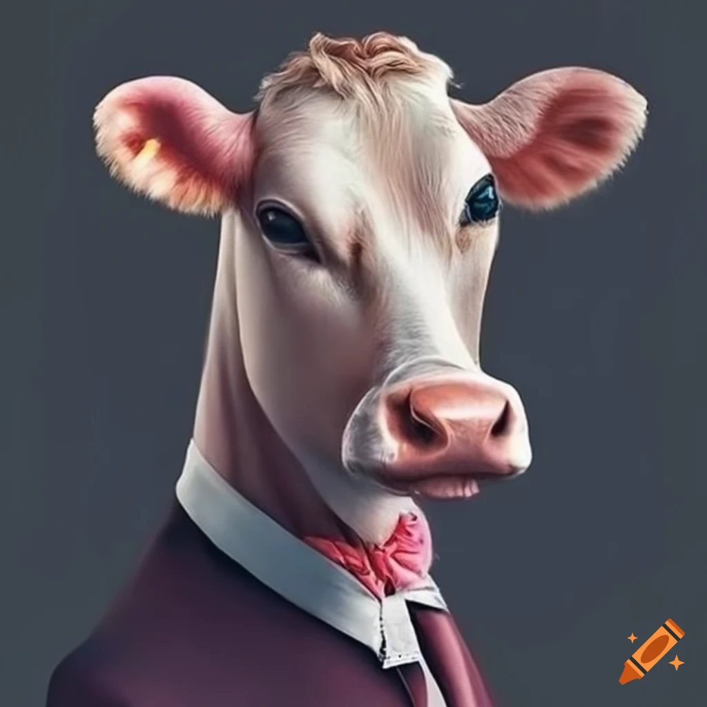 Una vaca sin cola con ropa formal realista on Craiyon