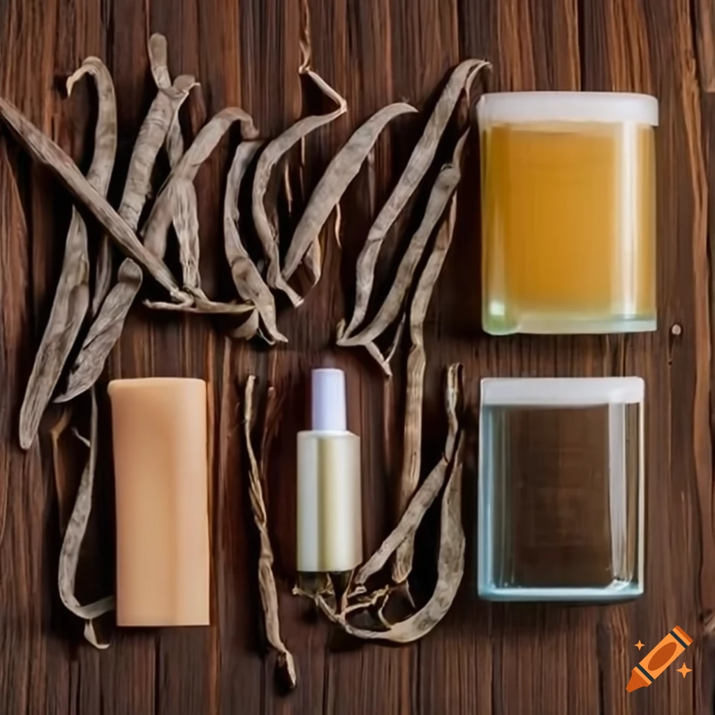Vanilla pods and skincare items neatly arranged on a wooden surface