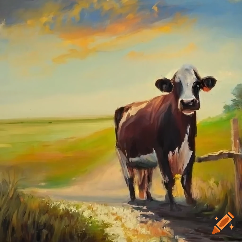 Oil painting of cows in a field, barn in the distance, muddy trail ...