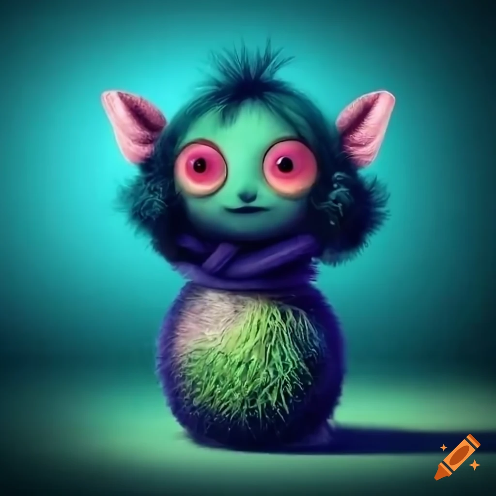 A fuzzy creature with two girls and 3 eyes trapped in a round glass ...