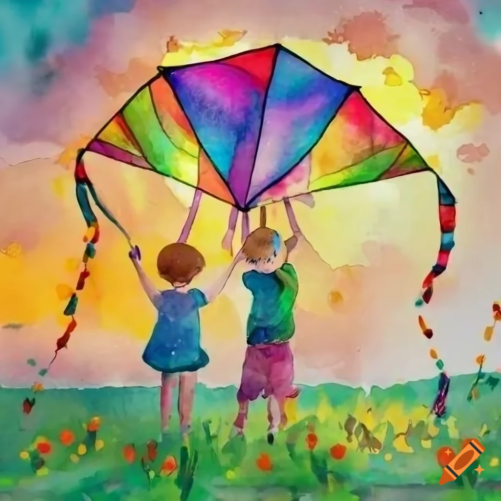 Childrens book illustration of kids flying a kite in the meadow at ...