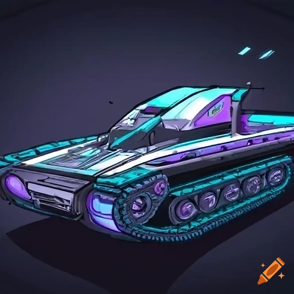 Tracked crawler vehicle, designed for rescue missions, neon cockpit ...