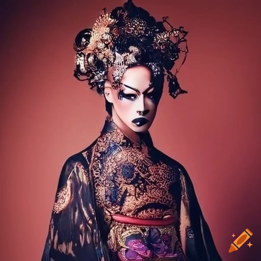 A stunning ukiyo-e style drag king in intricate lace attire on Craiyon