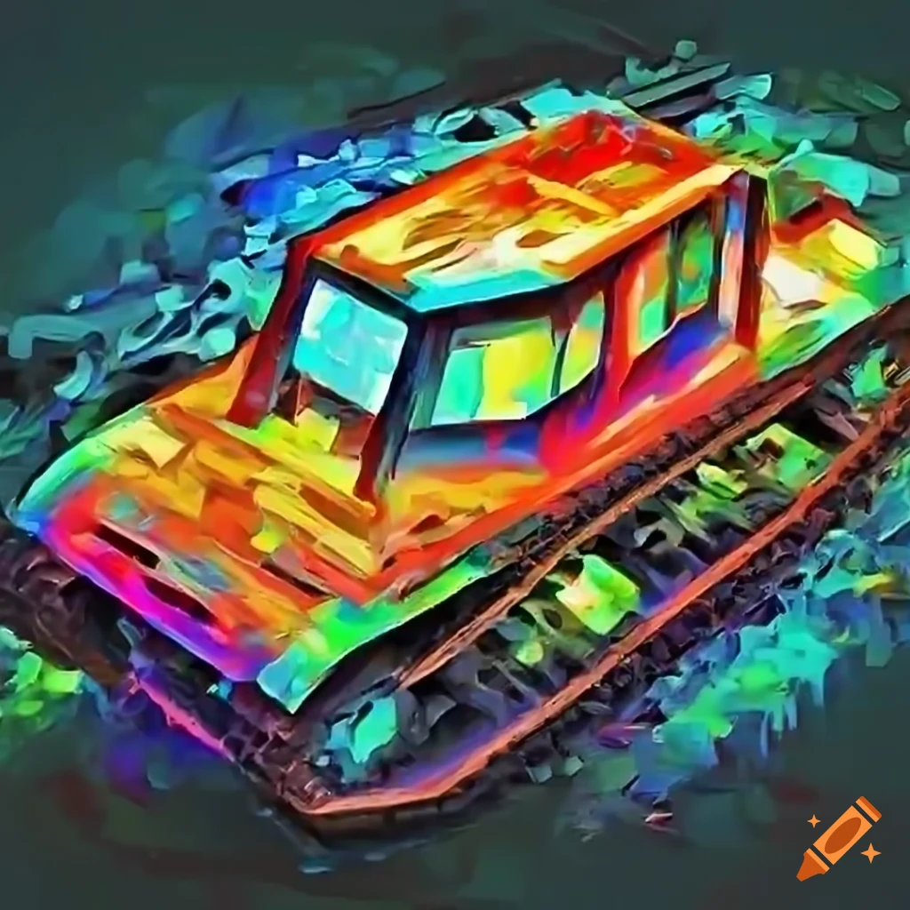 Tracked crawler vehicle, designed for rescue missions, neon cockpit ...