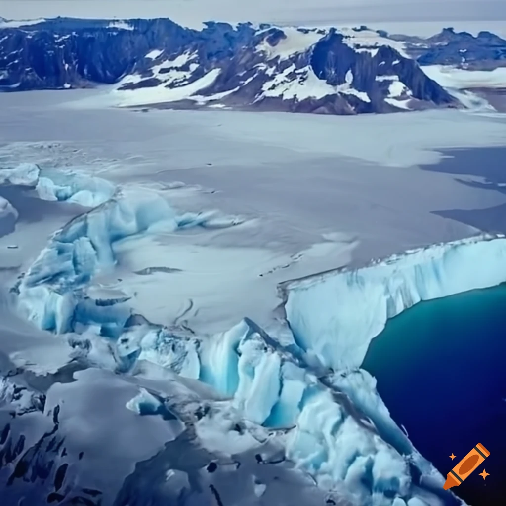 90s quality photo, aerial view of a massive expansive ice sheet glacier ...