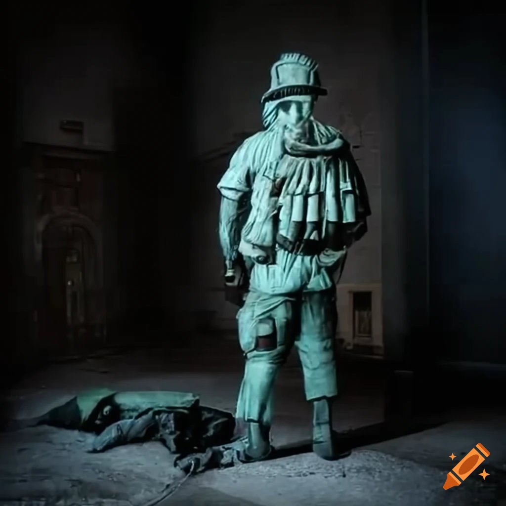 Fallout soldier walking next to the fallen statue of liberty