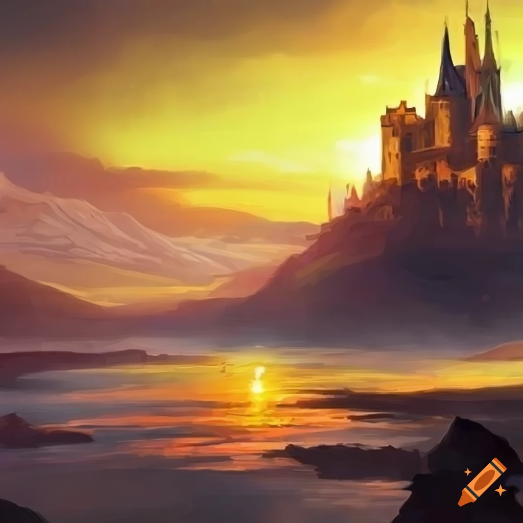 Yellow sunrise landscape castle fantasy art on Craiyon
