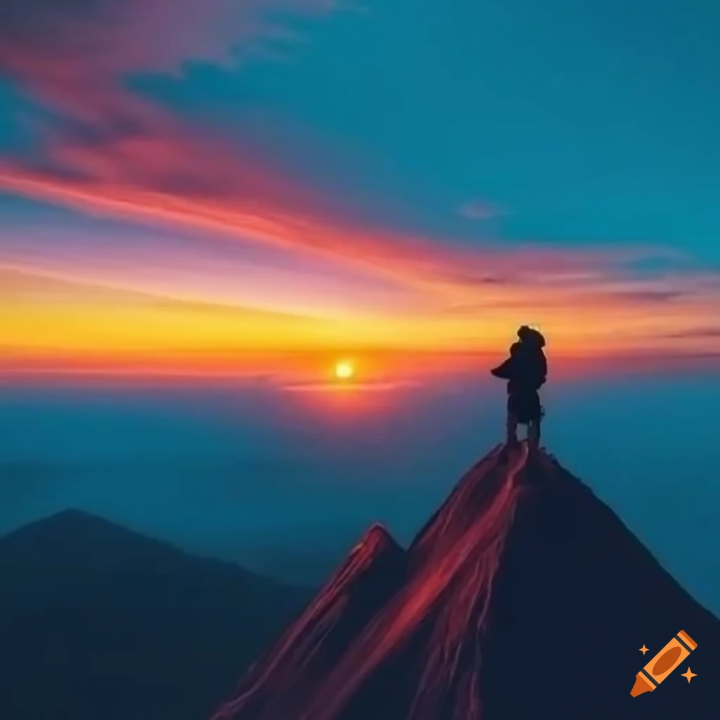 Pemandangan sunrise dari atas gunung dan ada 1 orang yang berdiri ...