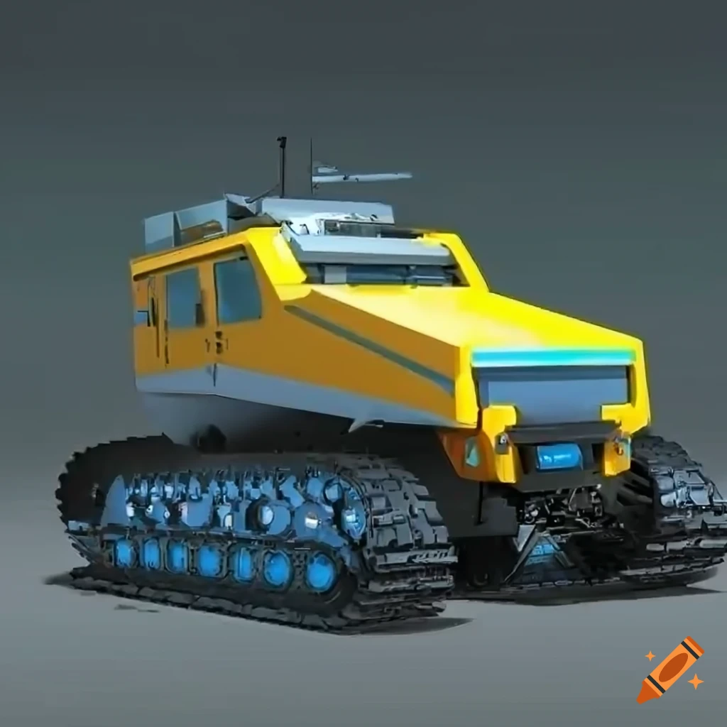 Tracked crawler vehicle, designed for rescue missions, neon cockpit ...