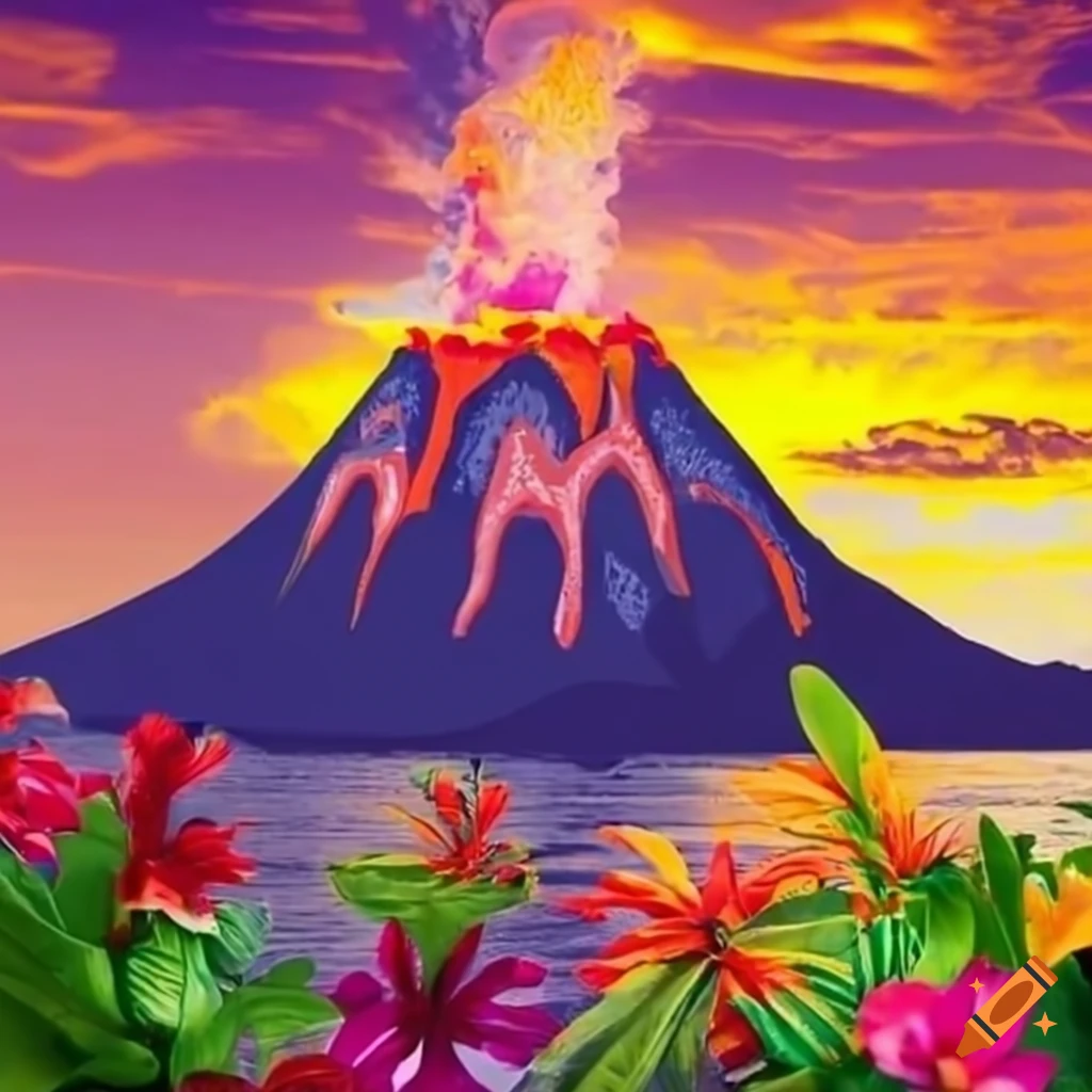 Colorful hawaiian luau party with a volcano and vibrant flowers
