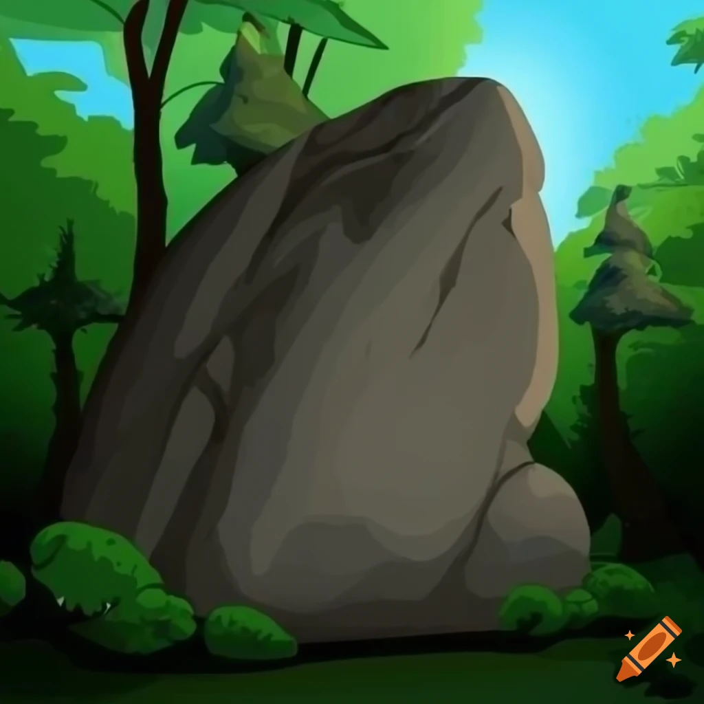 A huge gray rock in a jungle with a cartoon rendering