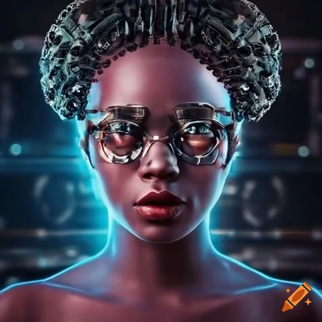 African woman with futuristic mechanical brain augmentation on Craiyon