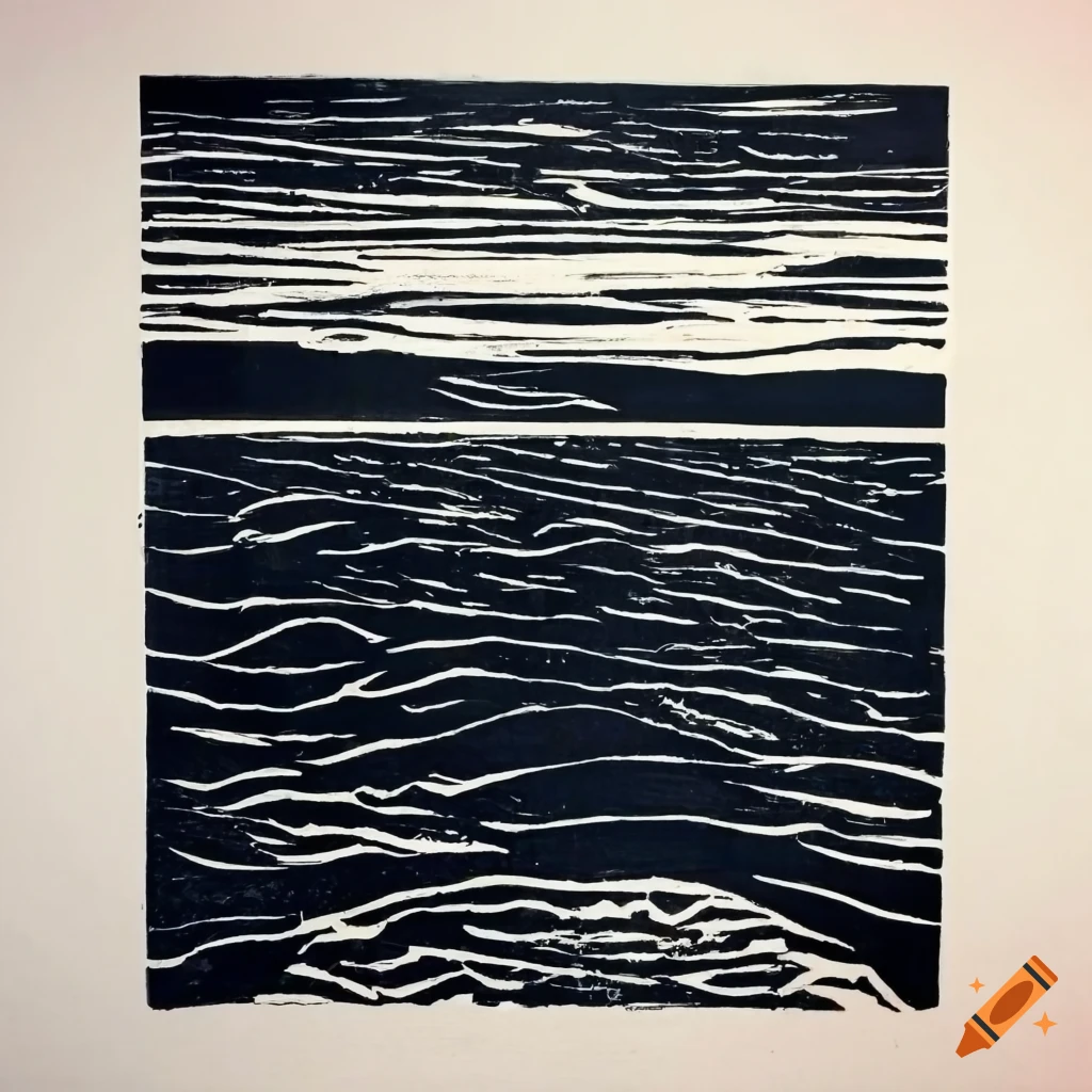 Monochrome linocut print of calm ocean