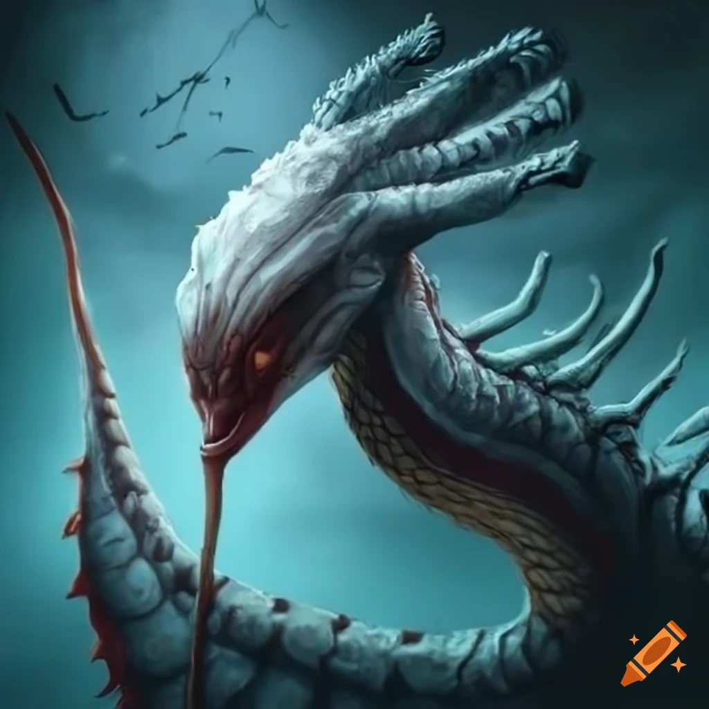 An elegant white-scaled ophidian creature, slight horror elements on ...